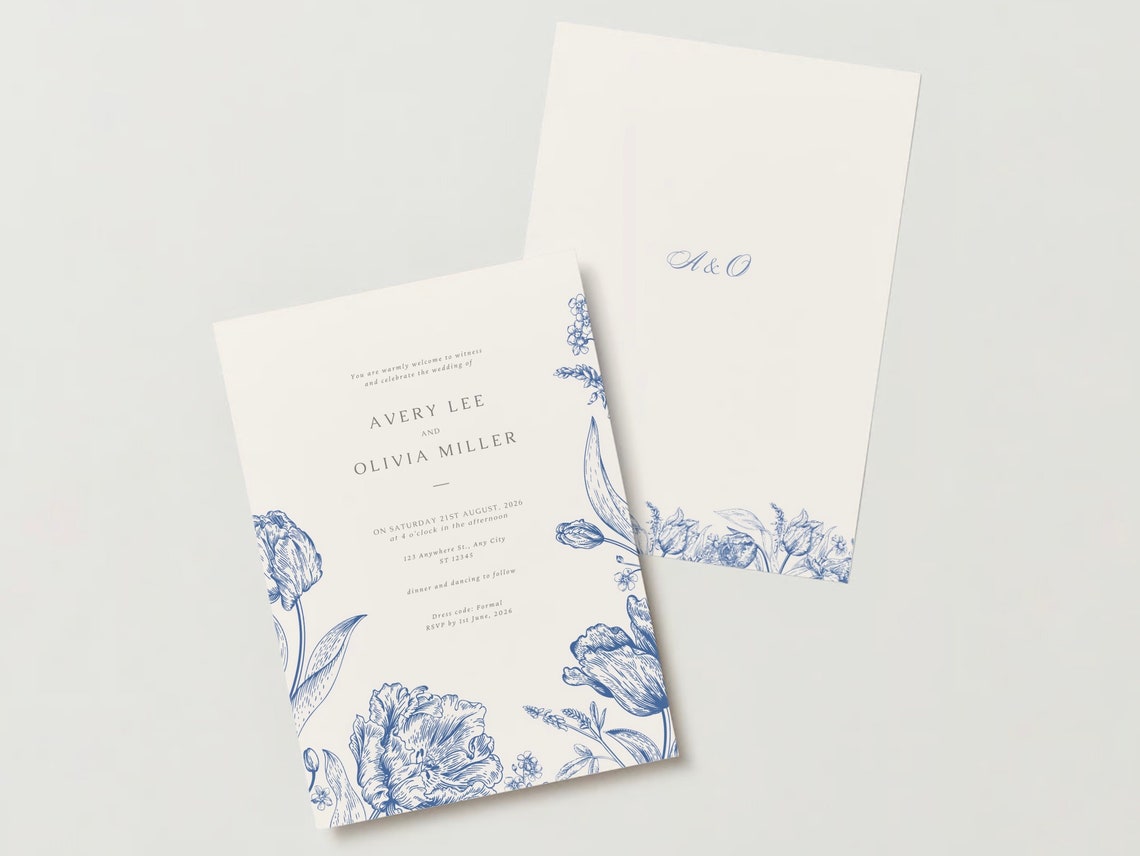 5x7 Blue Floral Wedding Invitation, Digital Wedding Invitations ...