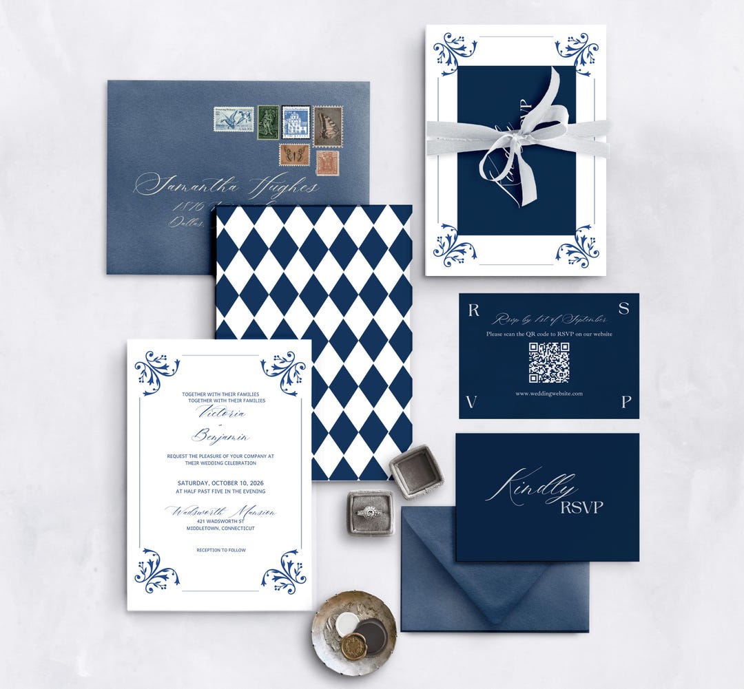 Navy Blue Wedding Invitation Template | Elegant Checkered, Floral ...