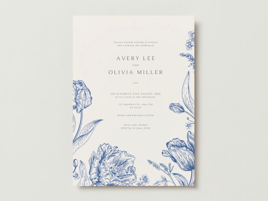 5x7 Blue Floral Wedding Invitation, Digital Wedding Invitations ...
