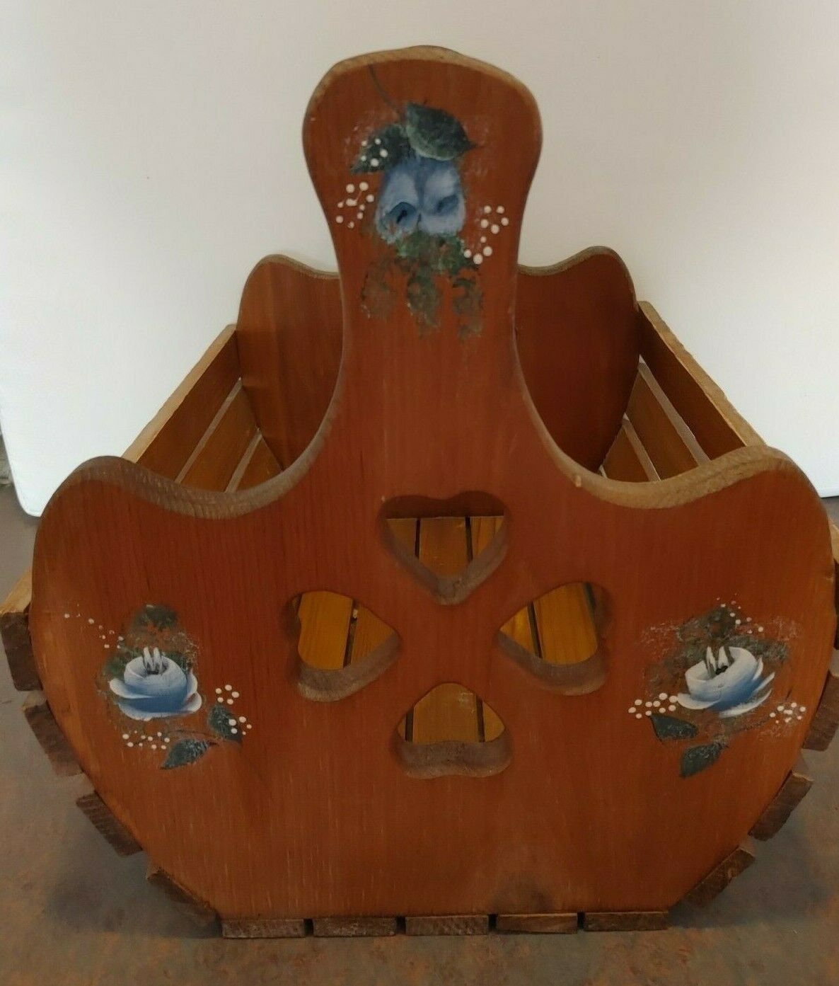 Vintage Hand Painted Heavy Solid Wood Basket Blue Flowers - Etsy