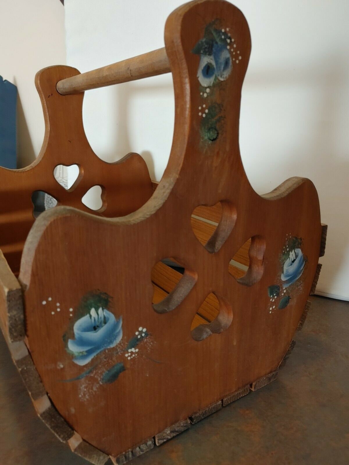 Vintage Hand Painted Heavy Solid Wood Basket Blue Flowers - Etsy