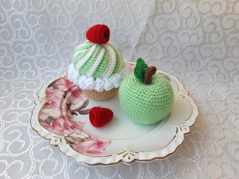 A Raspberry Cupcake and an Apple Pattern Amigurumi Food Toy - Etsy