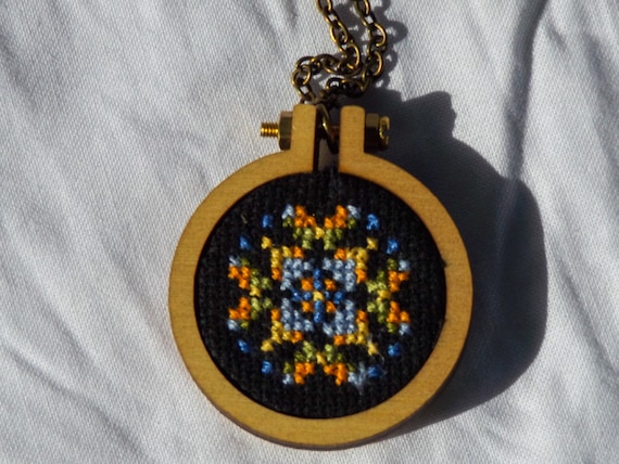Round Wood Mini Hoop Mandala Pendant Cross Stitched in Blue | Etsy