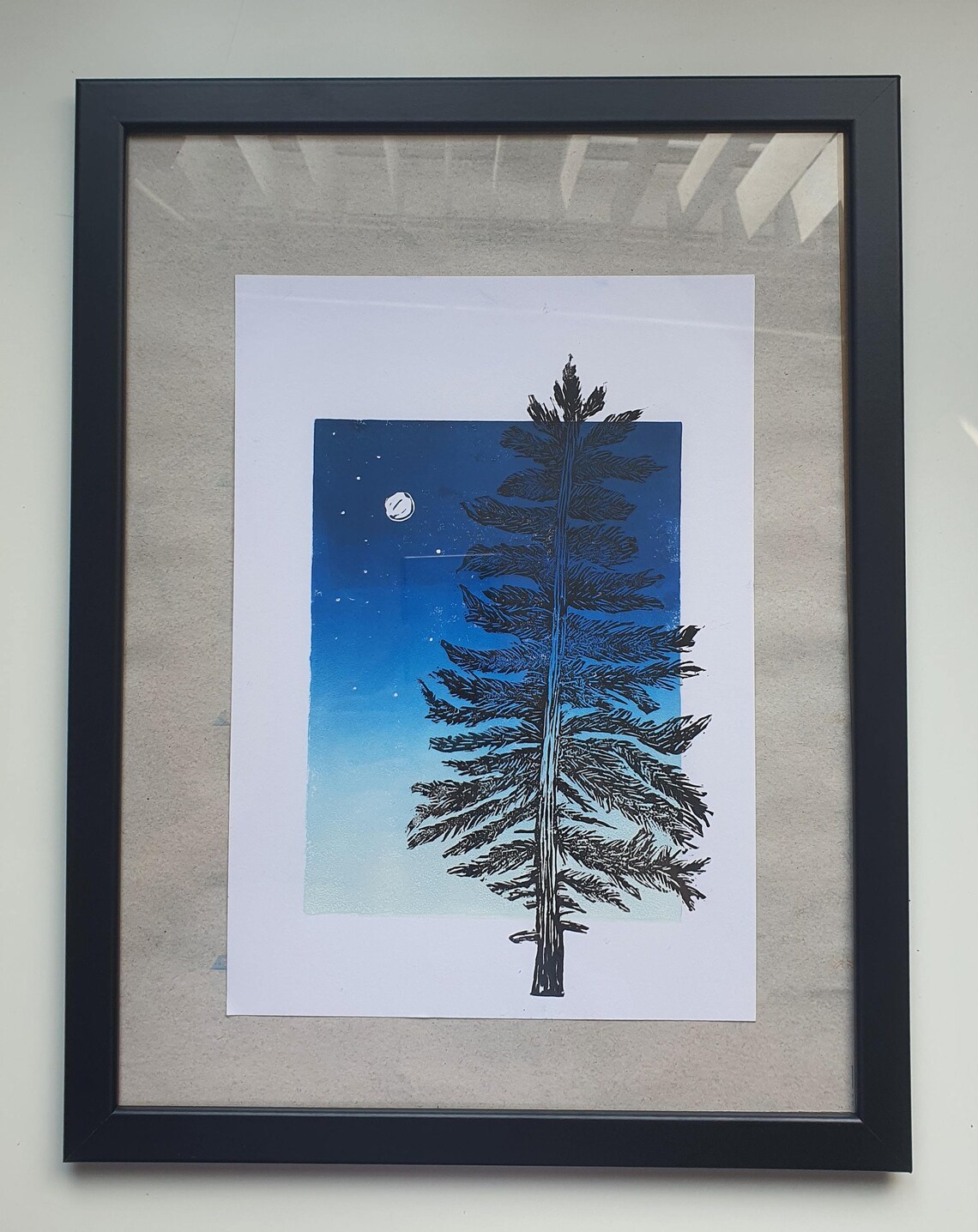 Ombre Blue Skyline Print, Pine Tree Linocut Art, Boho Nature Wall Art ...