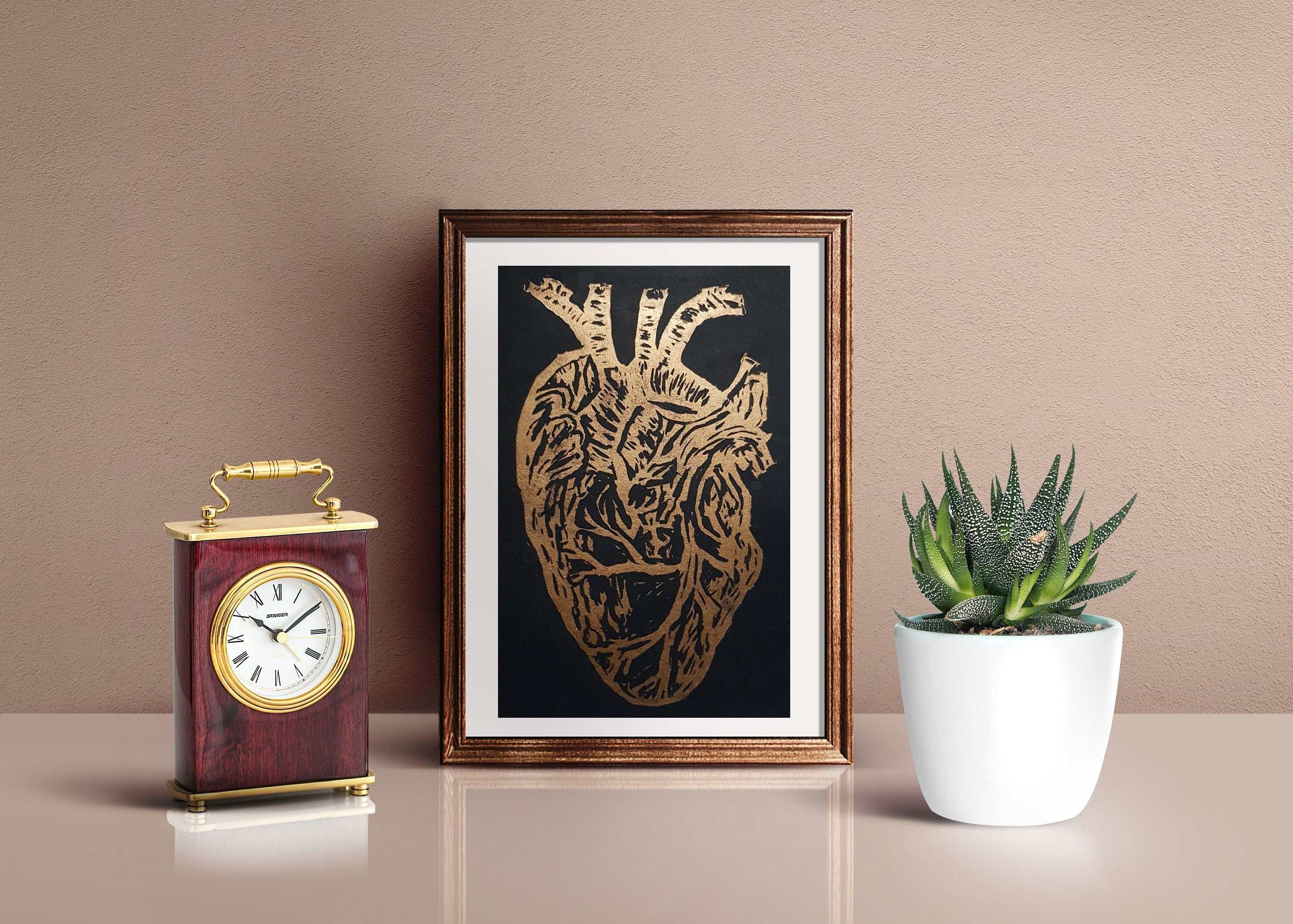 Gold anatomical heart linocut anatomy art nursery art | Etsy