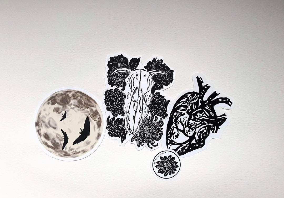 Gothic Sticker Set: Spooky Ram Skull, Lunar Moth, Heart Stickers - Etsy