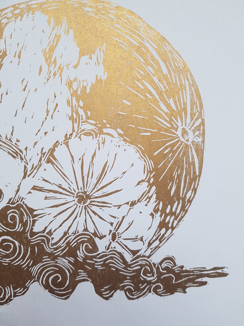 Vintage Gold moon linocut print Housewarming gifts Moon - Etsy México