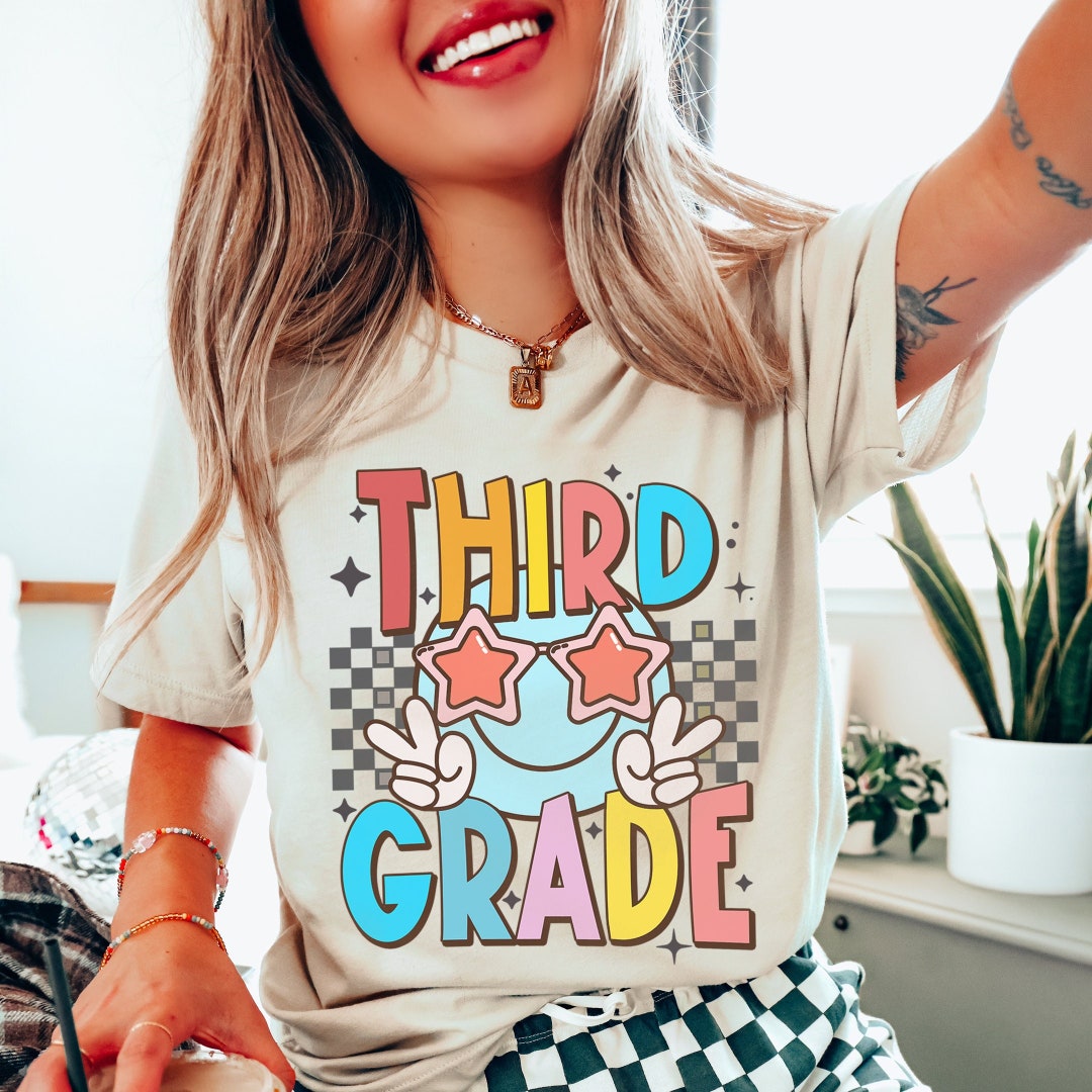 Rainbow Third Grade Shirt, Retro Third Grade Teacher Shirt, Checkered ...