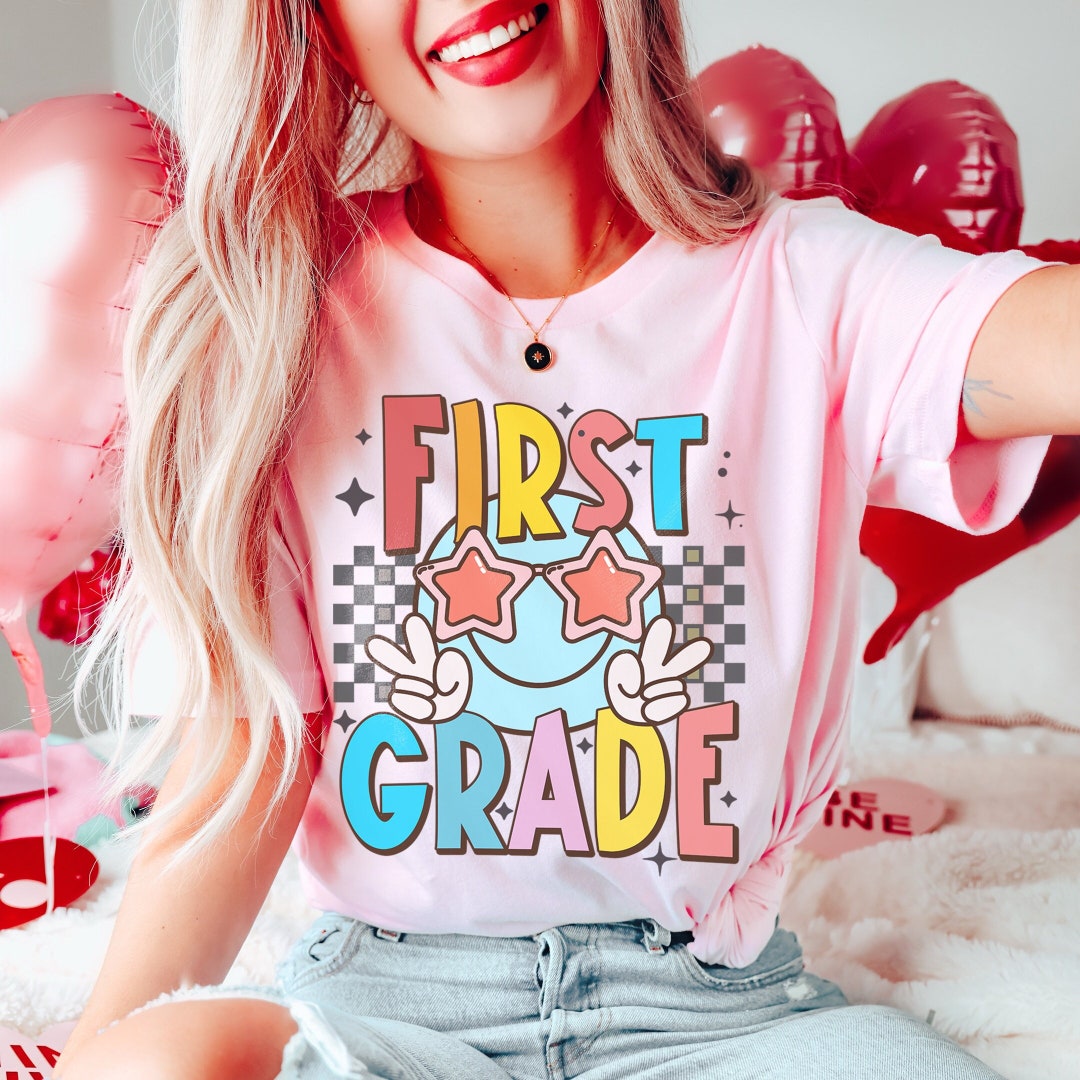 Rainbow First Grade Shirt, Retro First Grade Teacher Shirt, Checkered ...