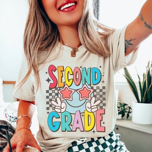 Rainbow Second Grade Shirt, Retro Second Grade Teacher Shirt, Checkered ...