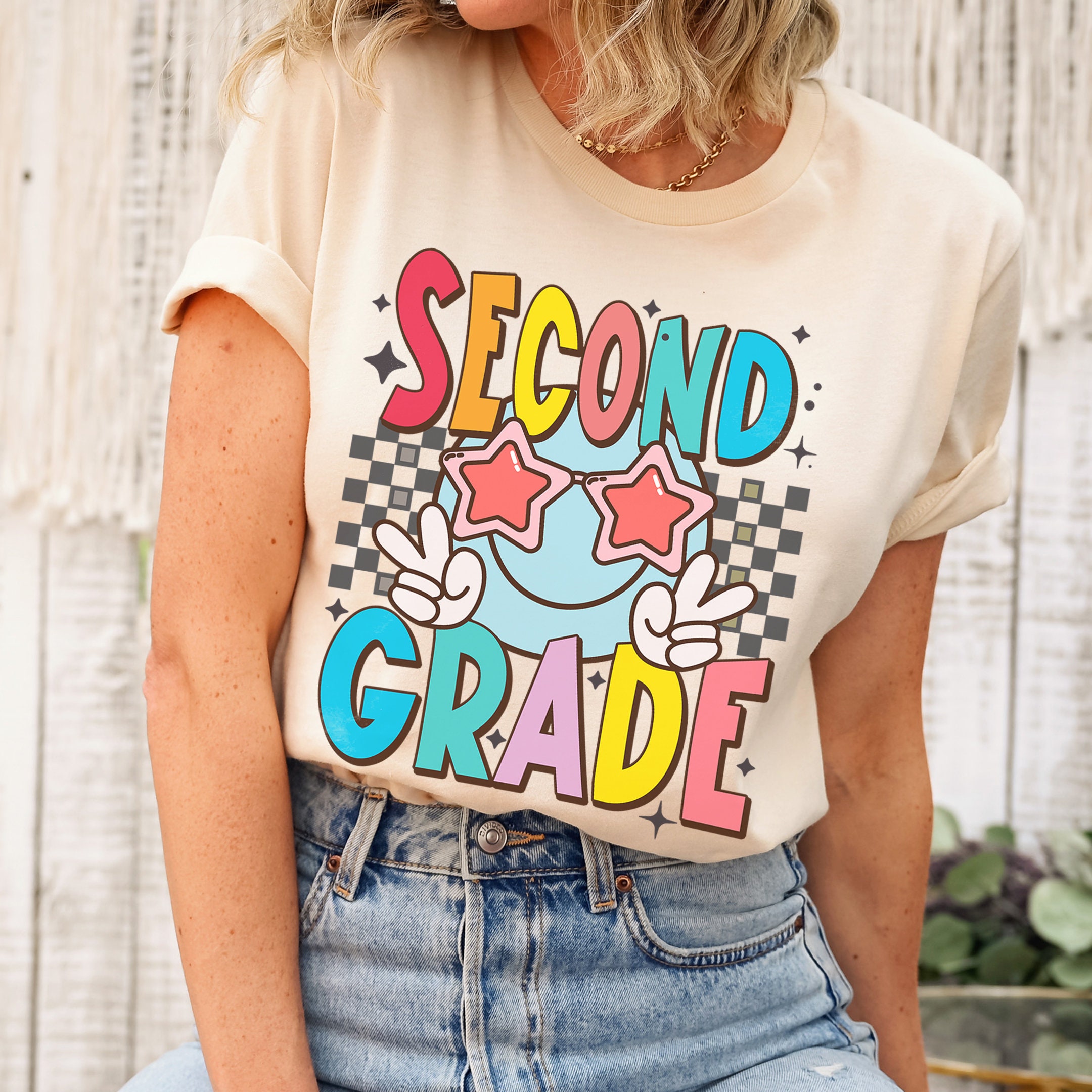 Rainbow Second Grade Shirt, Retro Second Grade Teacher Shirt, Checkered ...