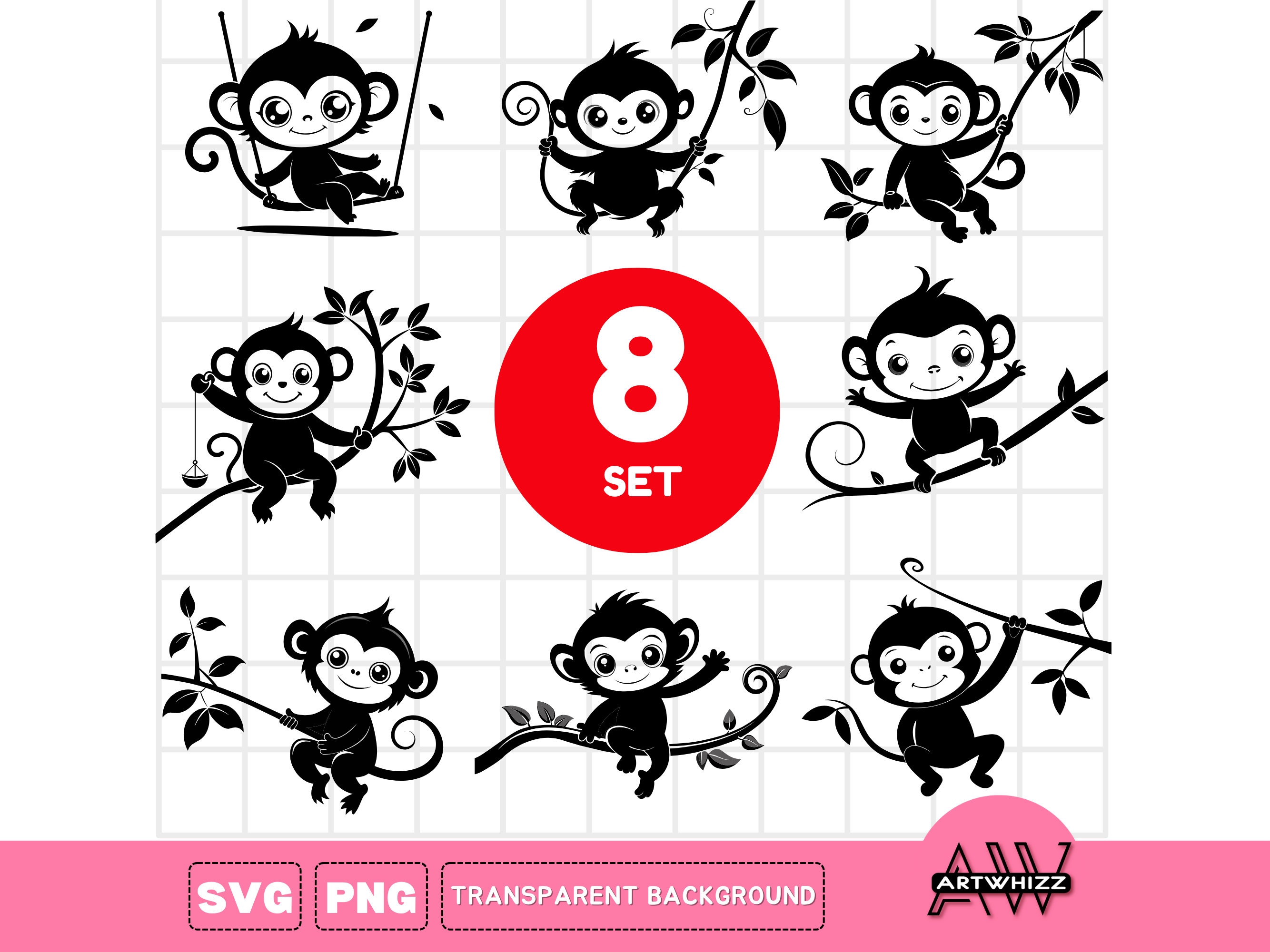 Monkey SVG, Cute Baby Monkeys SVG Bundle, Silhouette Vector Clipart Svg ...