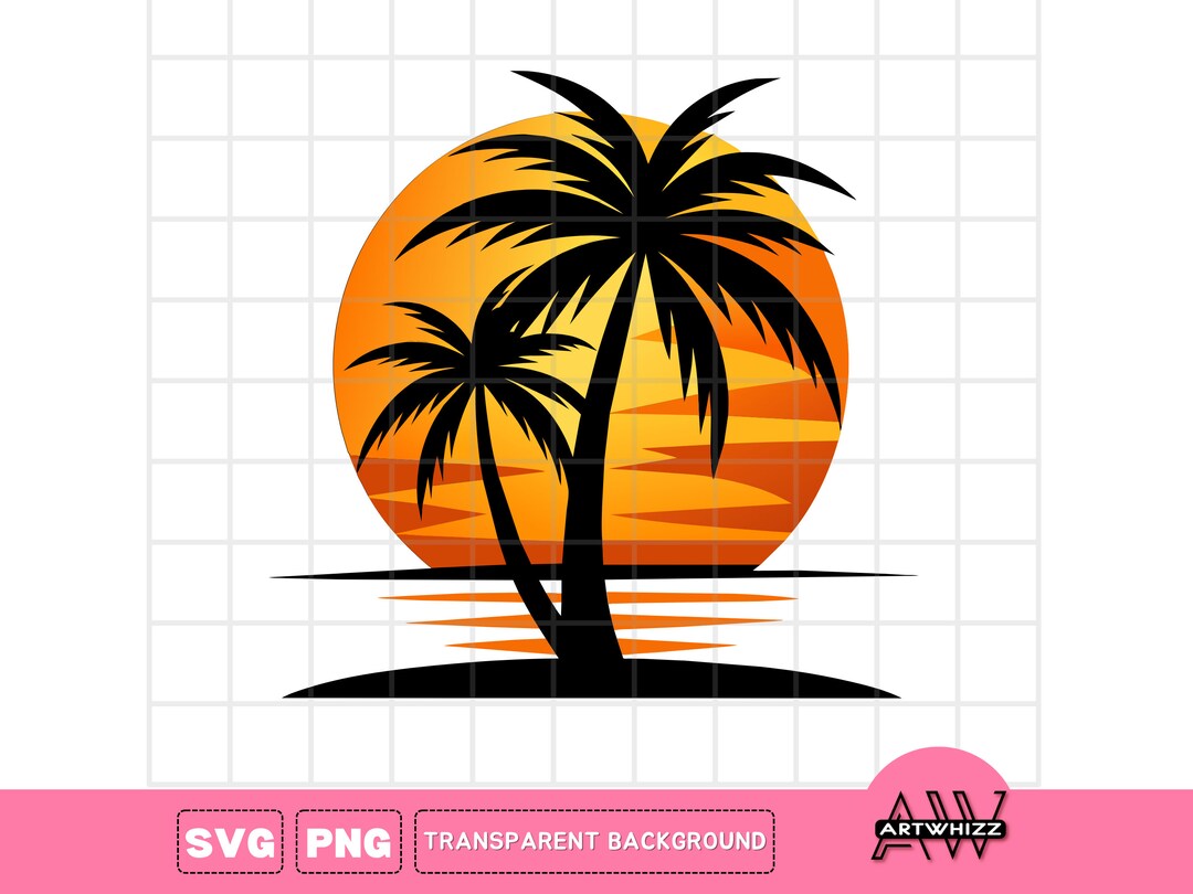 Palm Tree SVG, Sunset Beach SVG, Colored Sunset Vector Clipart SVG for ...