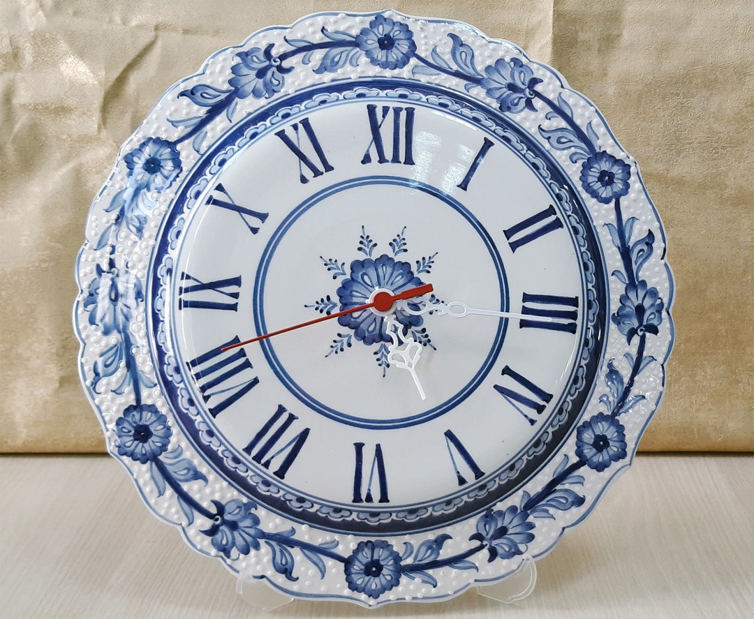 Handmade Ceramic Wall Clock: Vintage Blue Floral Decor 12.2" - Etsy