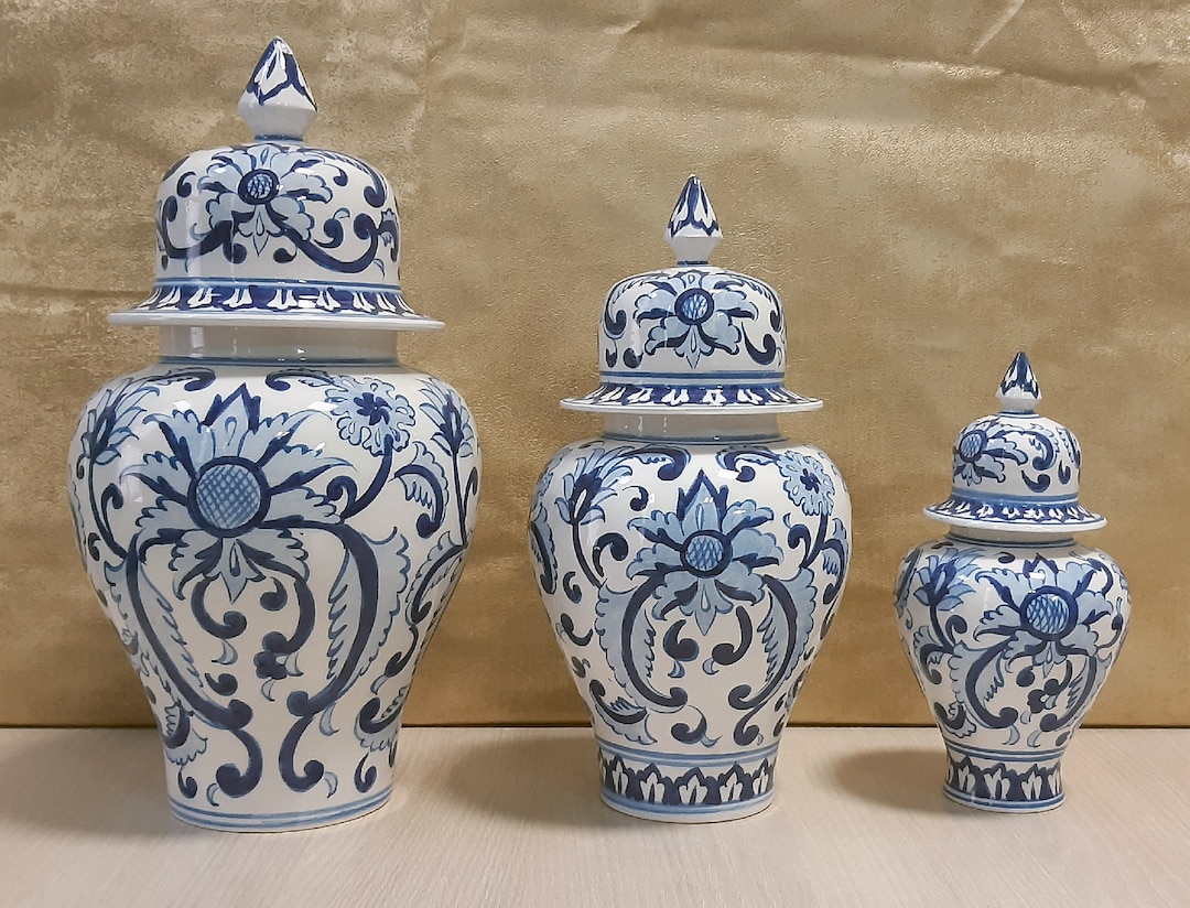 Handmade Ceramic Ginger Jar Set, Chinoiserie Set, Bleu Blanc Ginger Jar ...