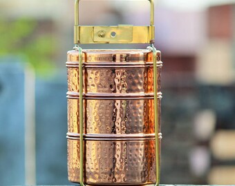 Copper Hammered Traditional Indian Tiffin Lunchbox, 3 Compartment ...