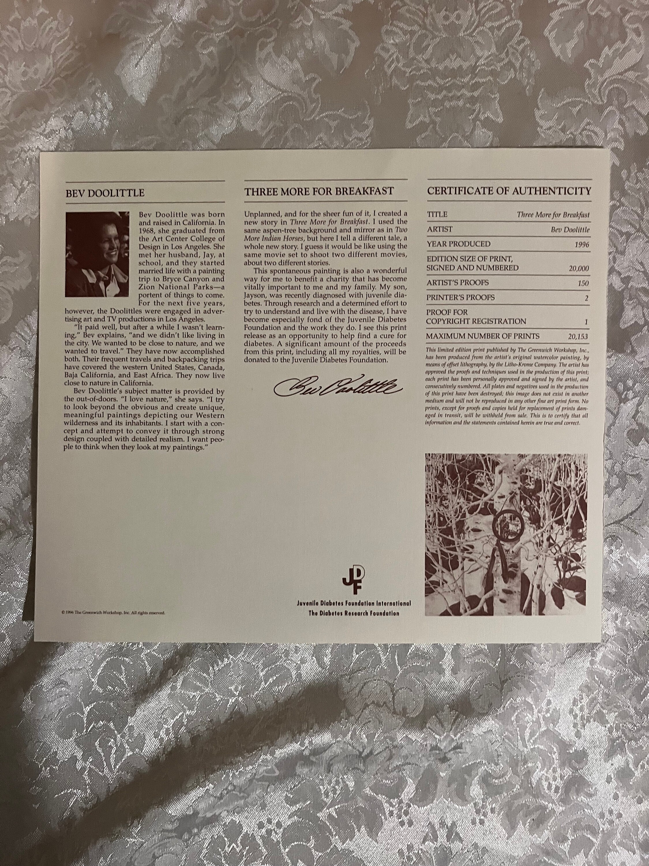 Bev Doolittle three More for Breakfast Limited Edition 1996 Print, Hand ...