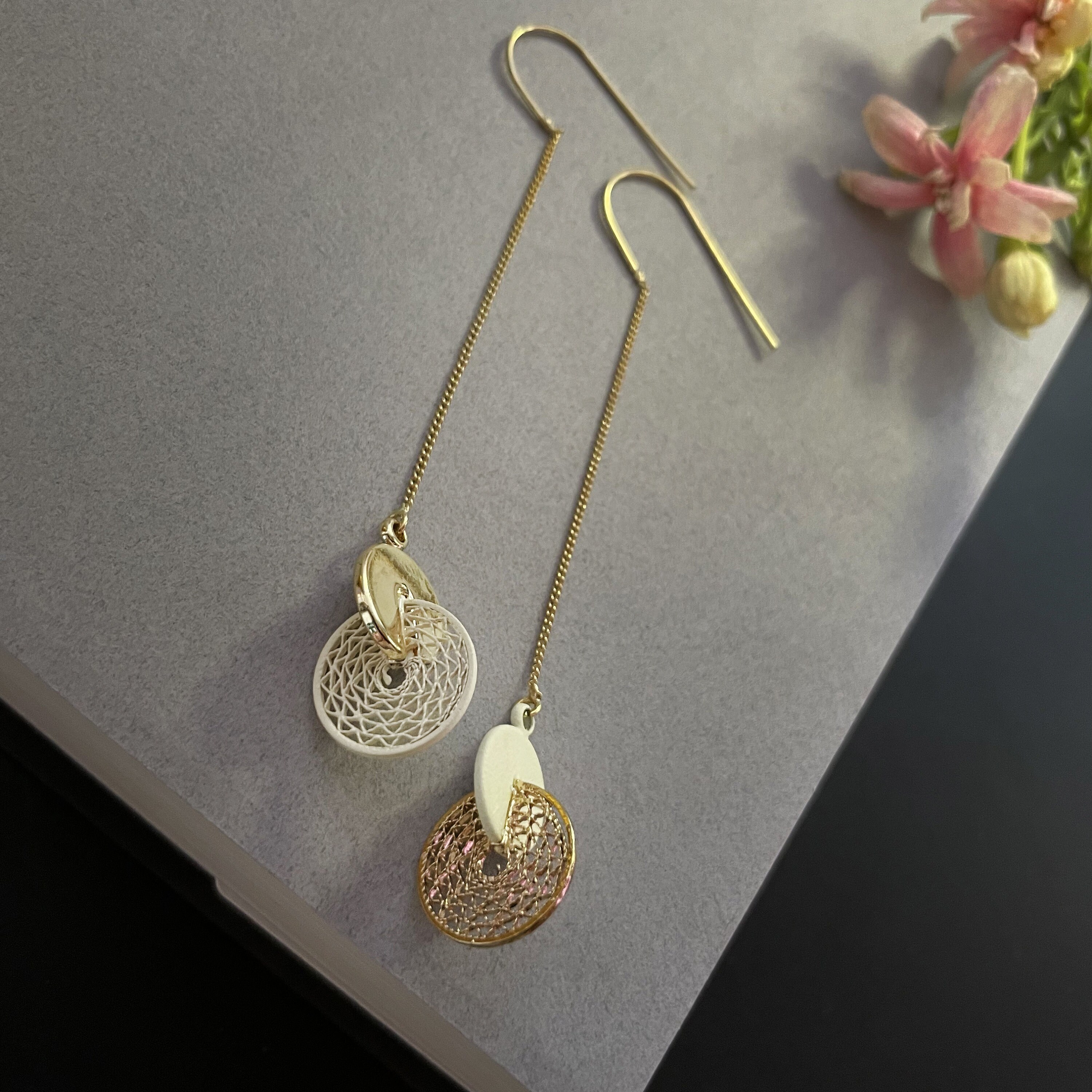 Long Chain Ear Danglers Cream and Gold Danglers Disc in Disc - Etsy UK