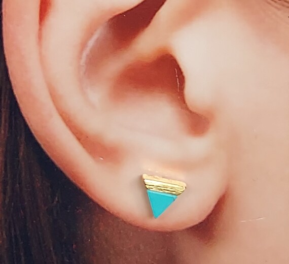 Turquoise triangle ear studs Gold and blue stone earrings | Etsy