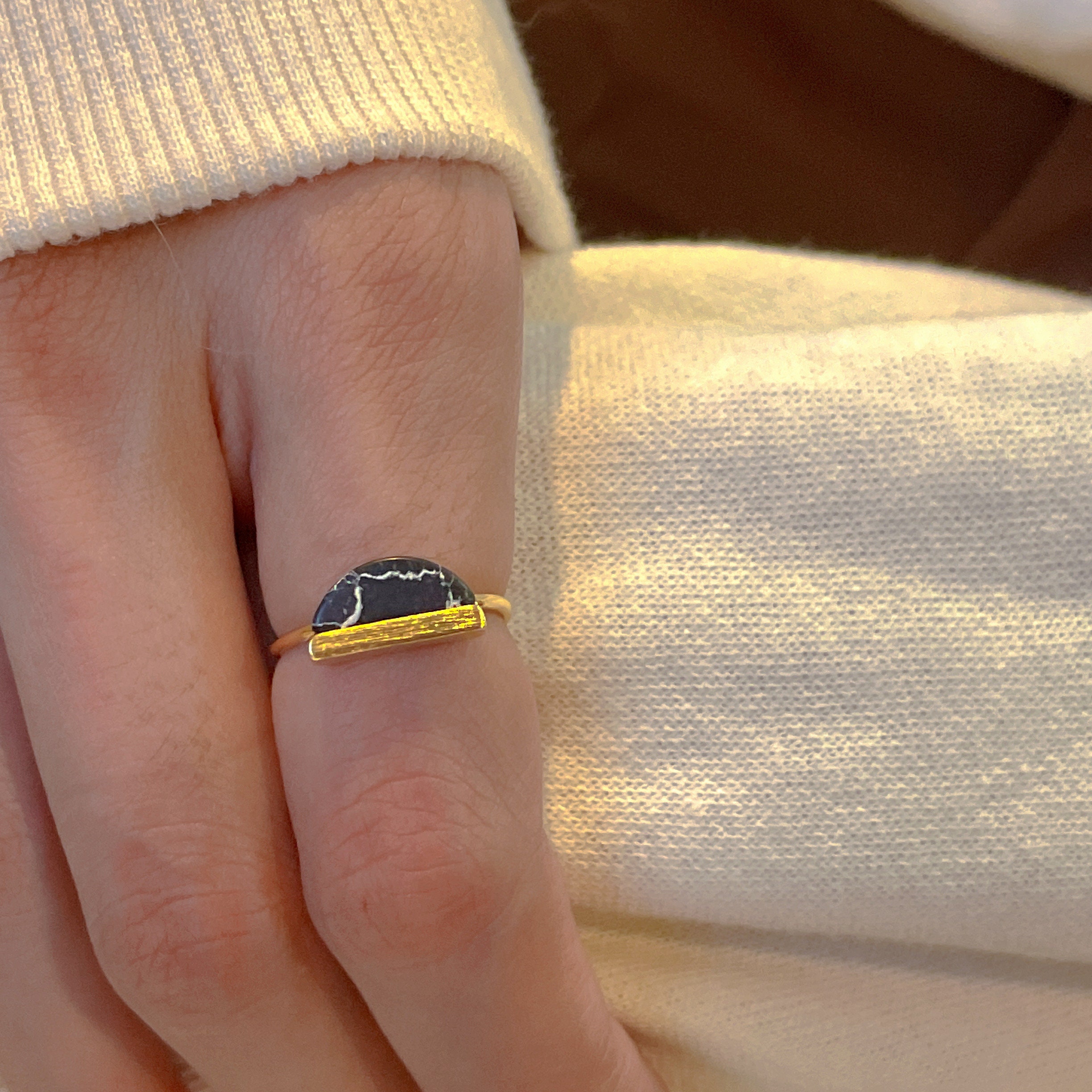 Black Marble Half Moon Ring, Black Howlite Stone Ring, Open Ended Ring ...