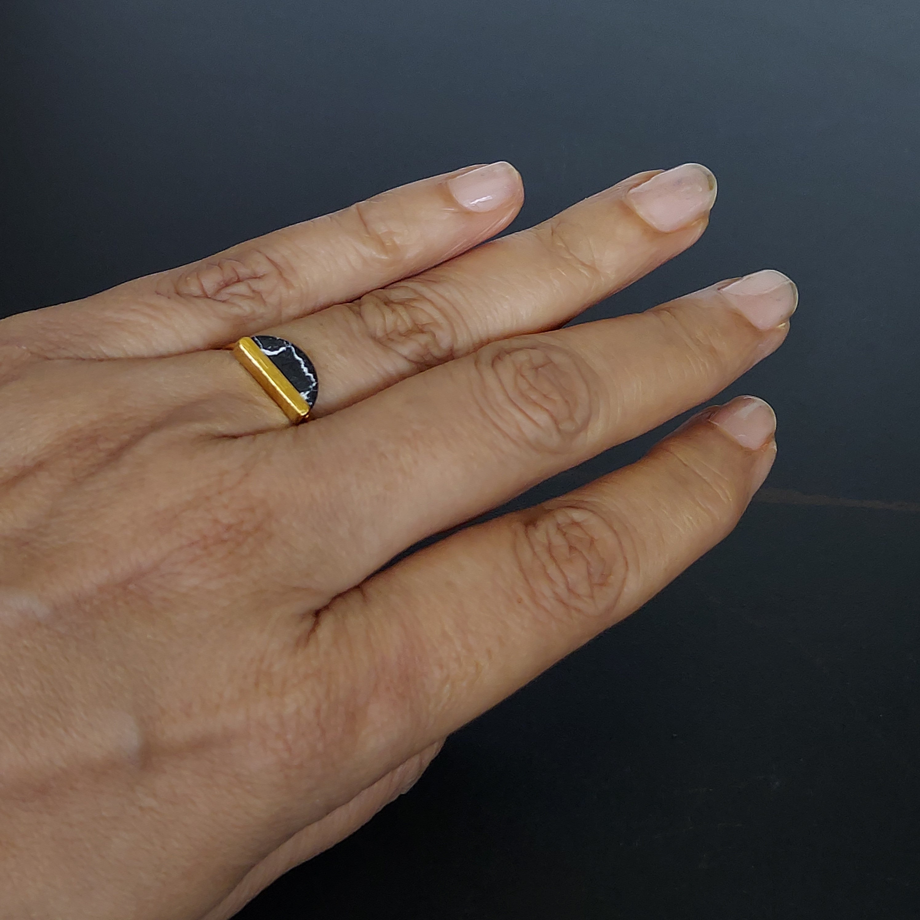 Black Marble Half Moon Ring, Black Howlite Stone Ring, Open Ended Ring ...