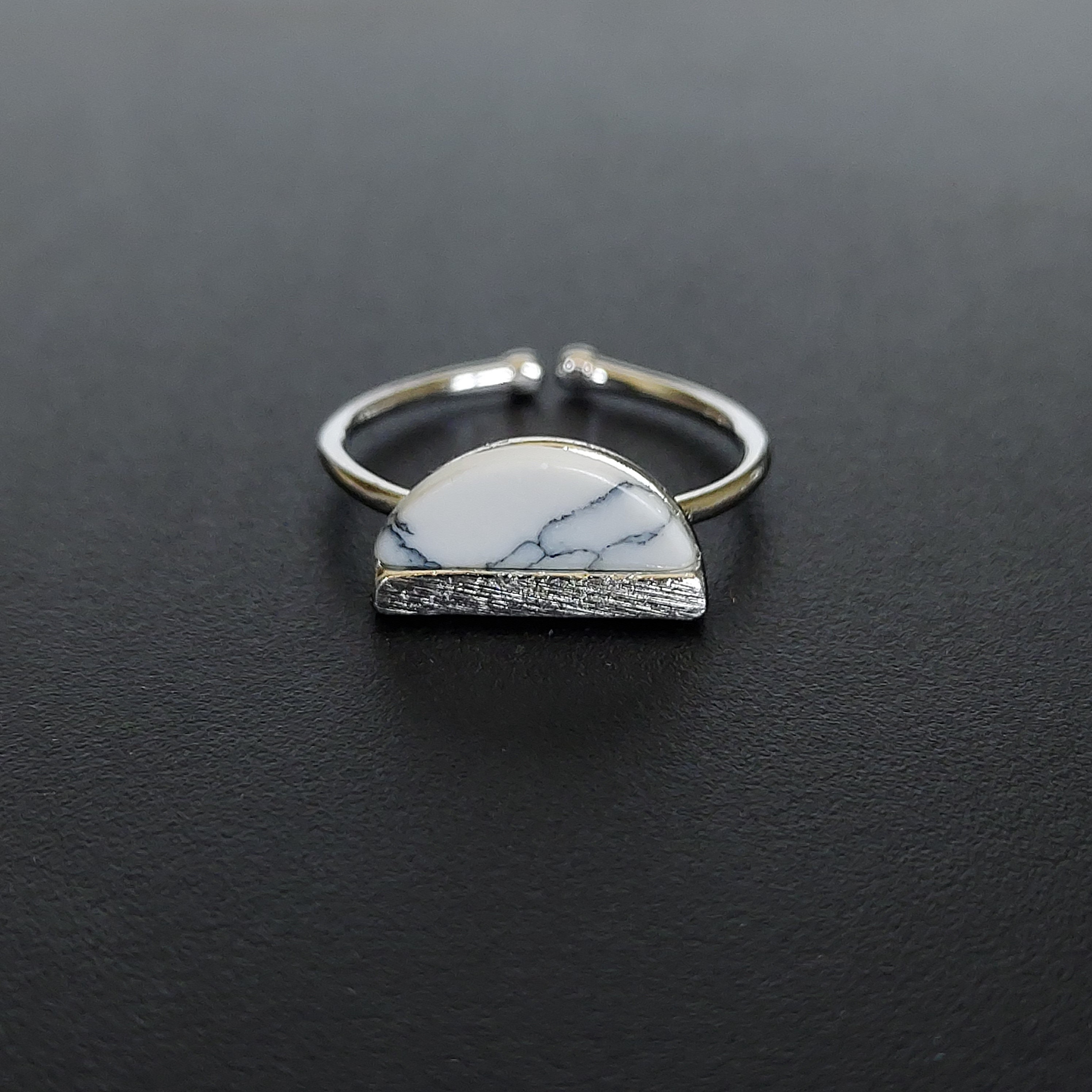 White Marble Half Moon Ring, White Howlite Stone Ring, Rhodium Plated ...