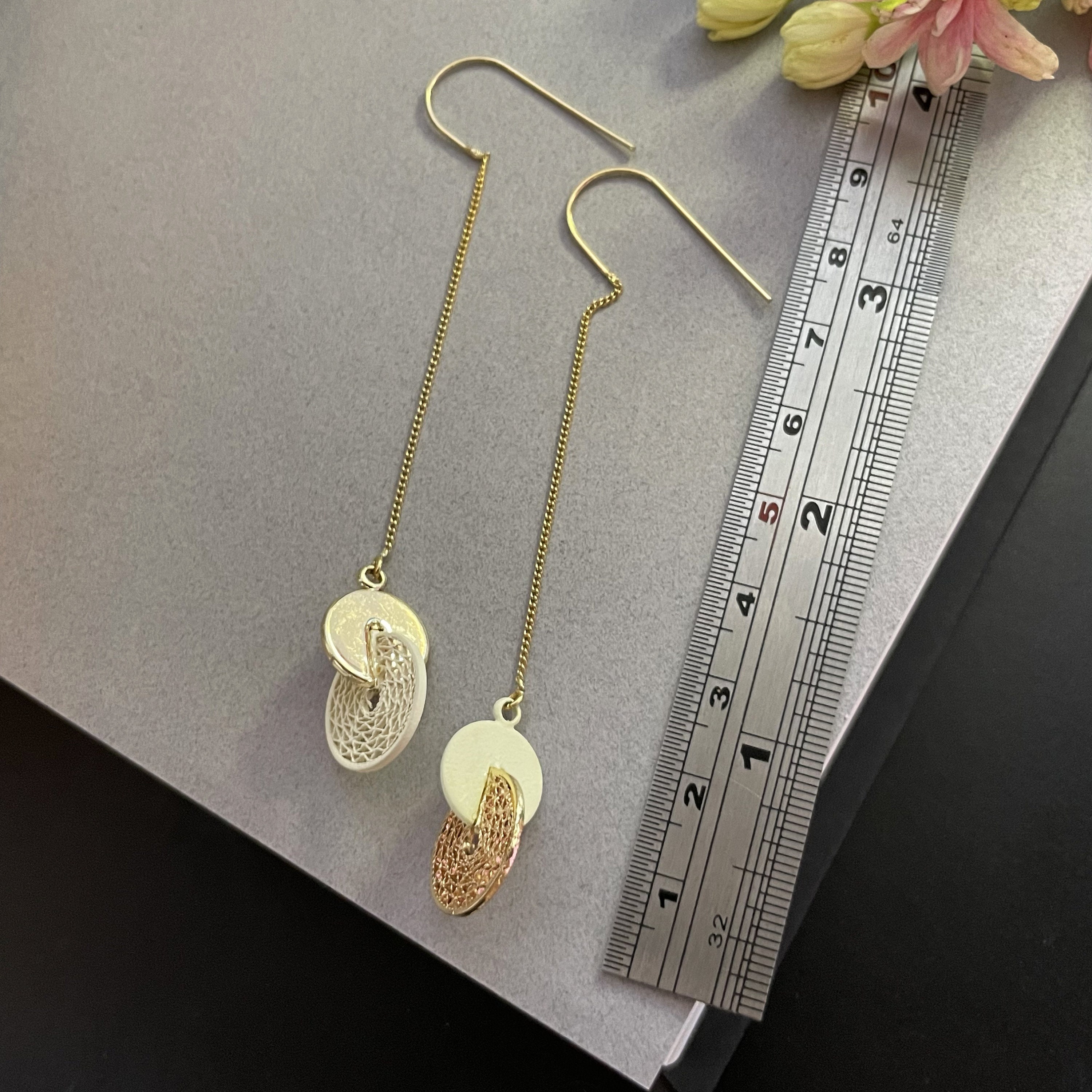 Long Chain Ear Danglers Cream and Gold Danglers Disc in Disc - Etsy UK
