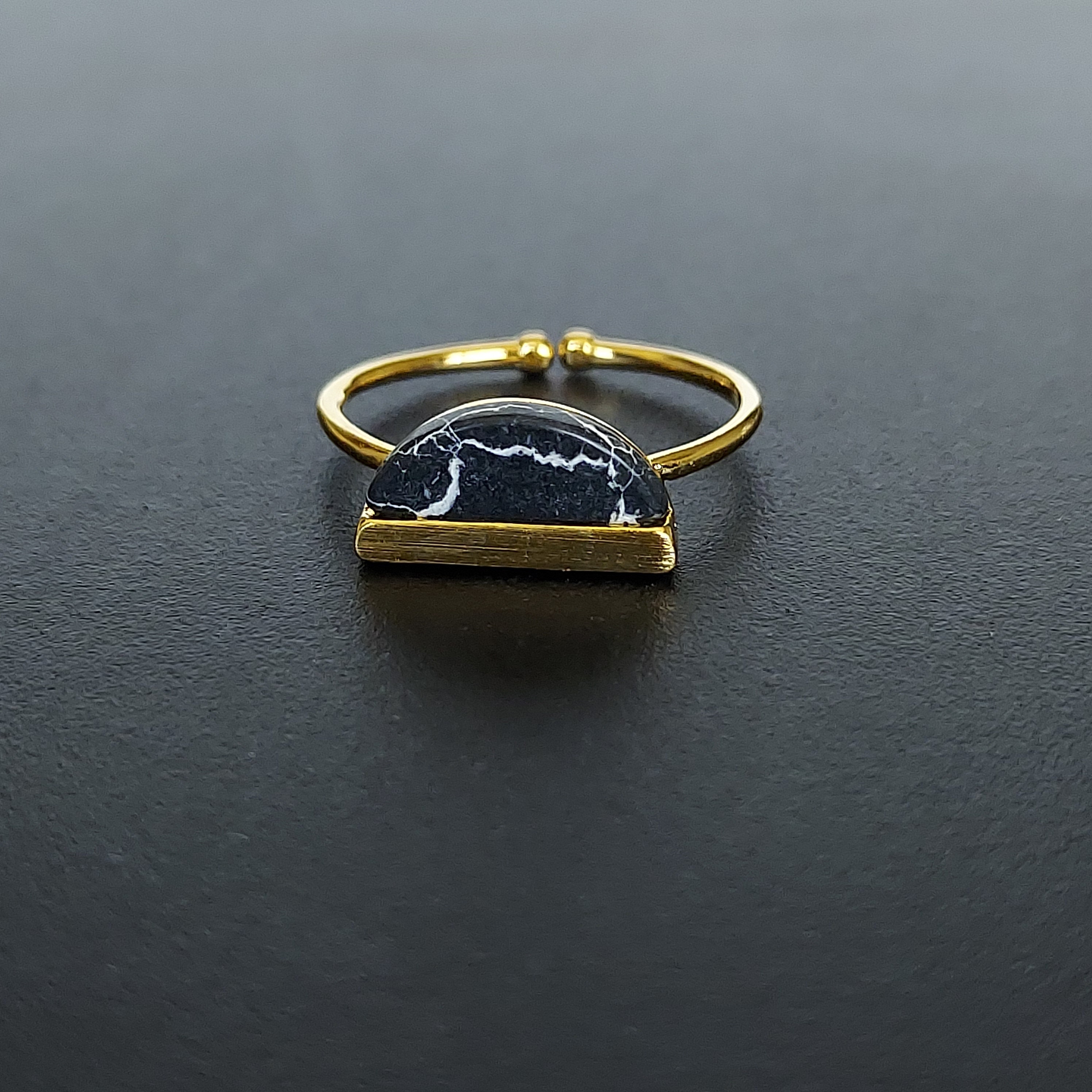 Black Marble Half Moon Ring, Black Howlite Stone Ring, Open Ended Ring ...