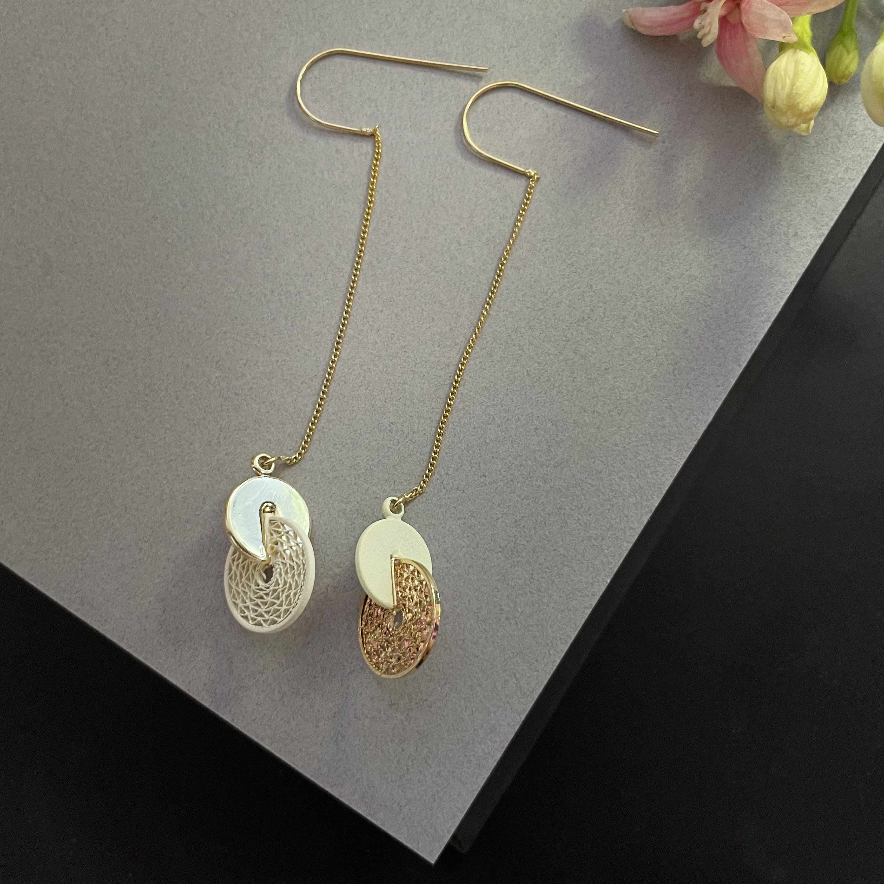 Long Chain Ear Danglers Cream and Gold Danglers Disc in Disc - Etsy UK