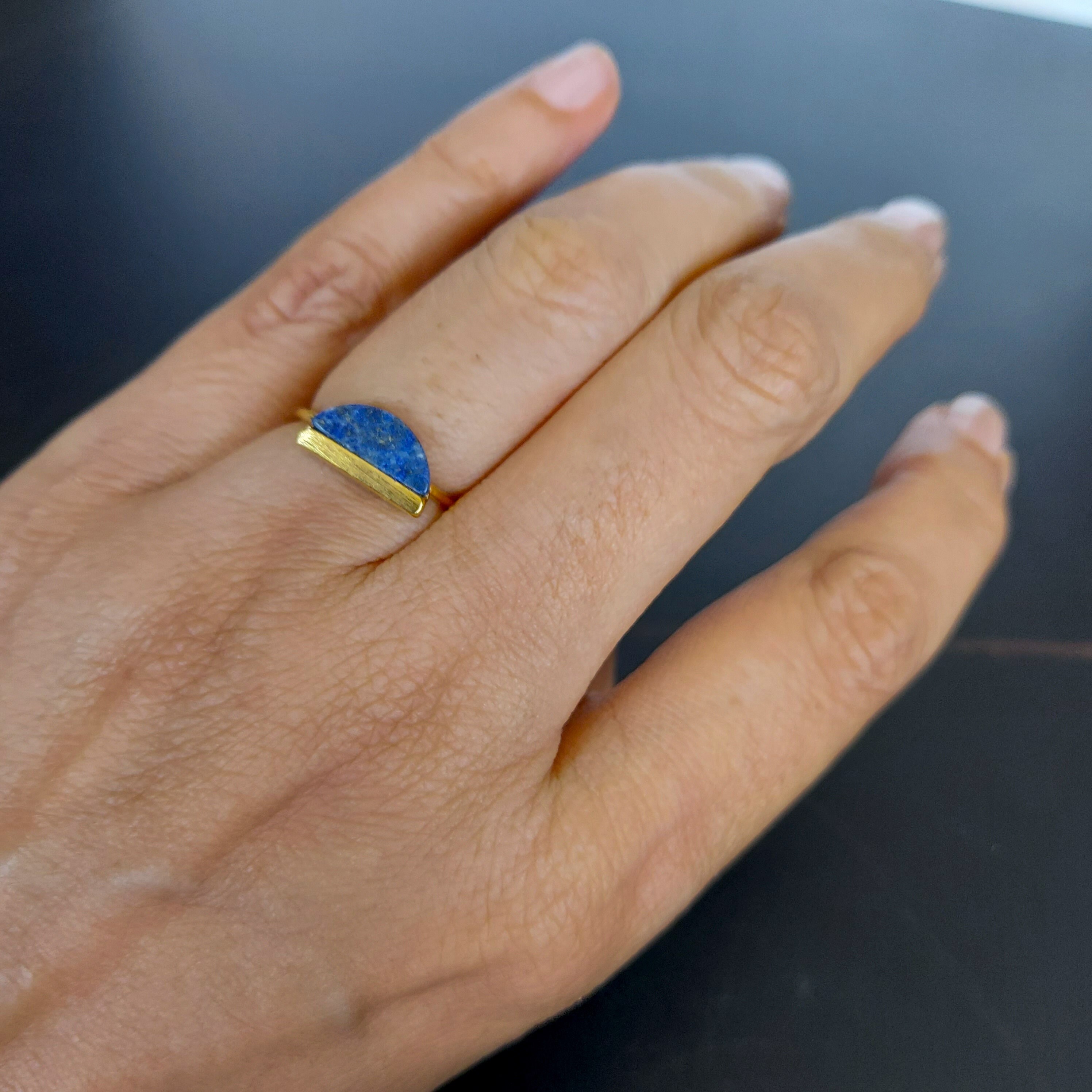 Lapis Lazuli Marble Half Moon Ring Gold and Stone Ring Open - Etsy