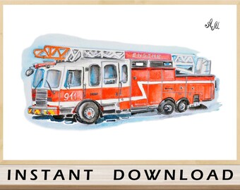 Fire Truck Wall Decor, Fire Engine Wall Art Watercolor Nursery Art Kids ...