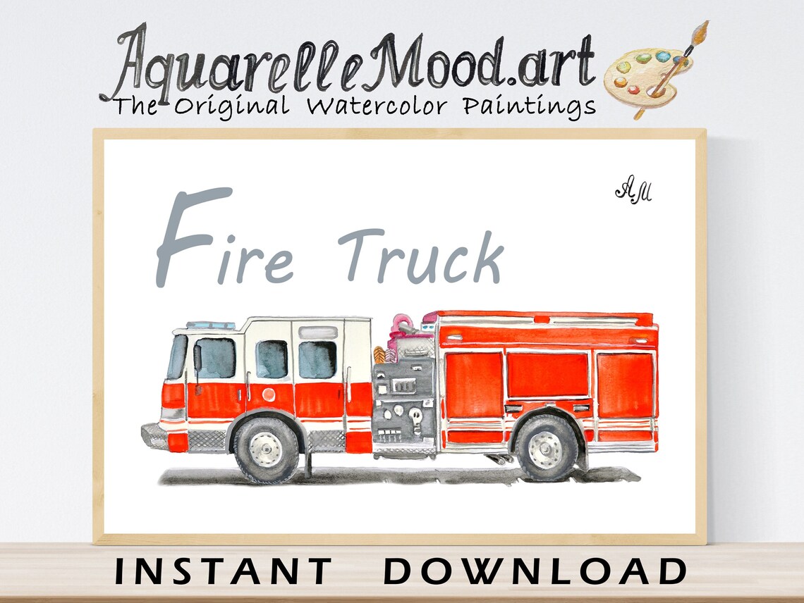Fire Truck Wall Decor Fire Engine Wall Art Watercolor Nursery | Etsy