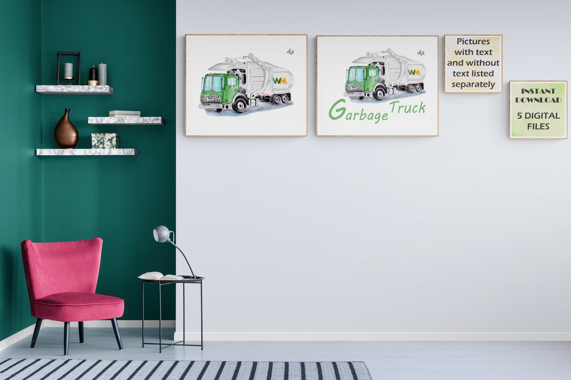 Garbage Truck Wall Decor, Garbage Wall Art Watercolor Nursery Art Kids ...