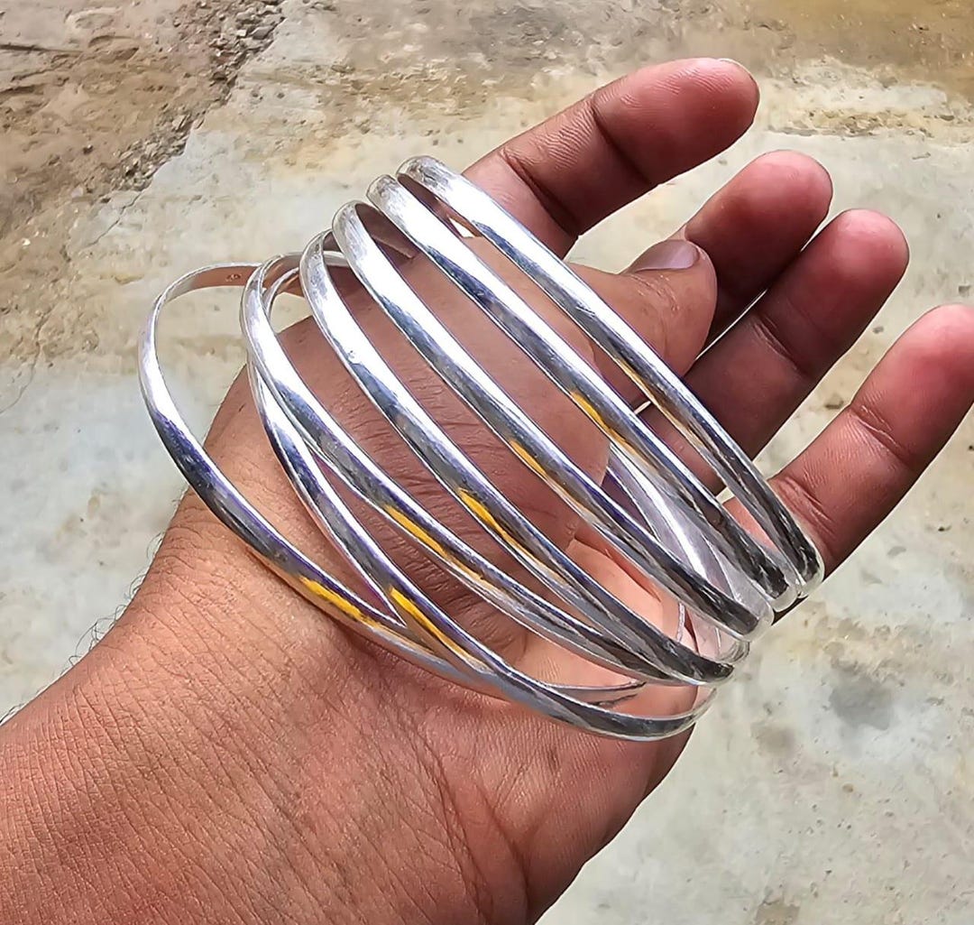 925 Sterling Silver Bangles, Round Wrist Stack, Set of 7 Bangles ...