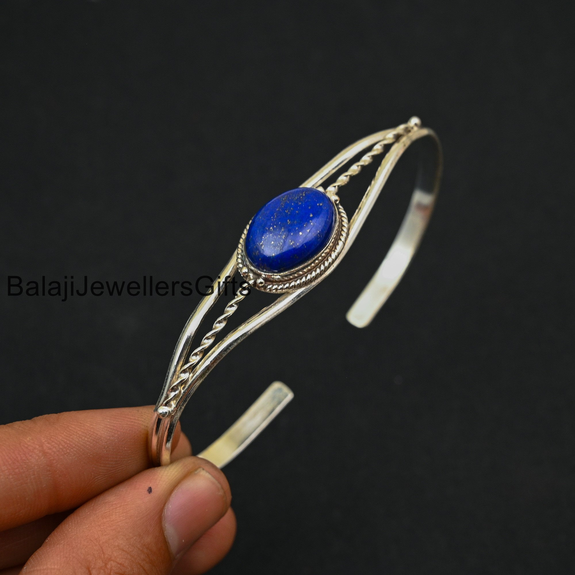 Handmade Lapis Lazuli 925 Sterling Silver Bangle - Adjustable Boho Cuff ...