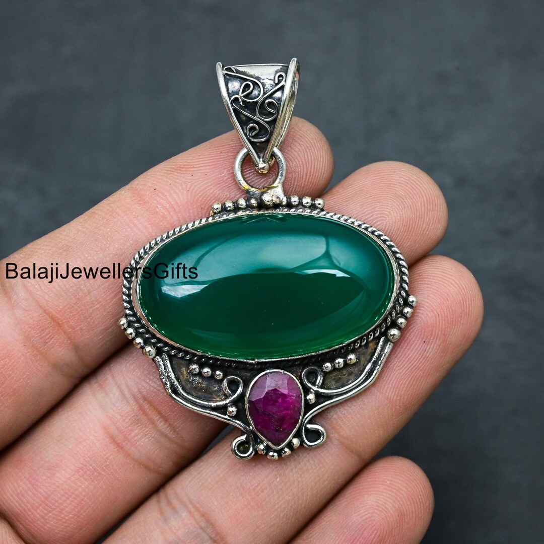 Handmade Green Onyx and Ruby Pendant: 925 Sterling Silver Boho Jewelry ...