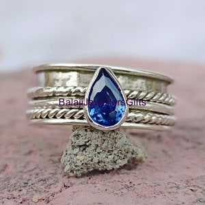 Blue Sapphire Gemstone Ring, Spinner Ring, 925 Sterling Silver ...