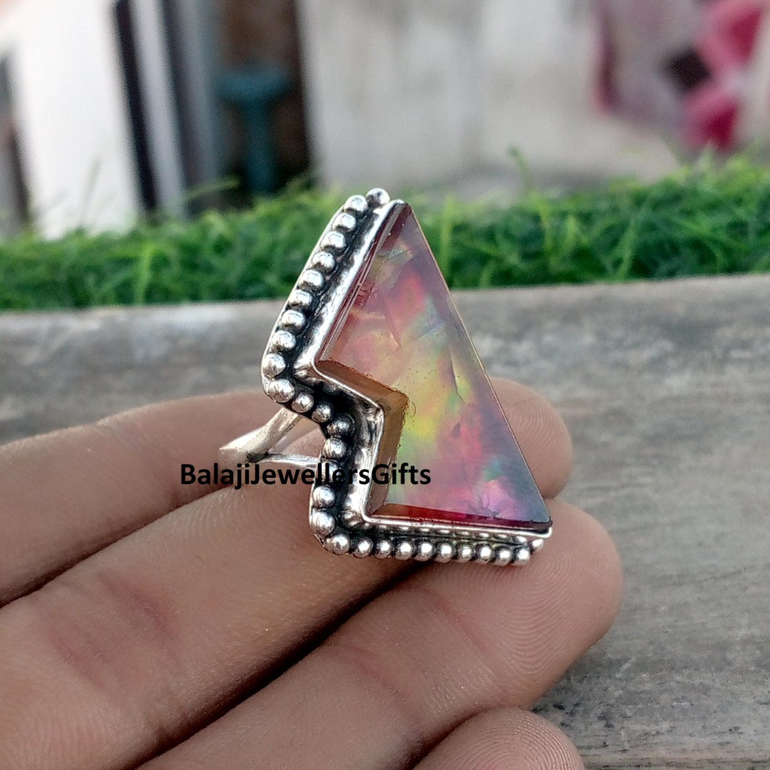 Triangular Ammolite Opal Gemstone Ring, 925 Sterling Silver, Boho Woman ...
