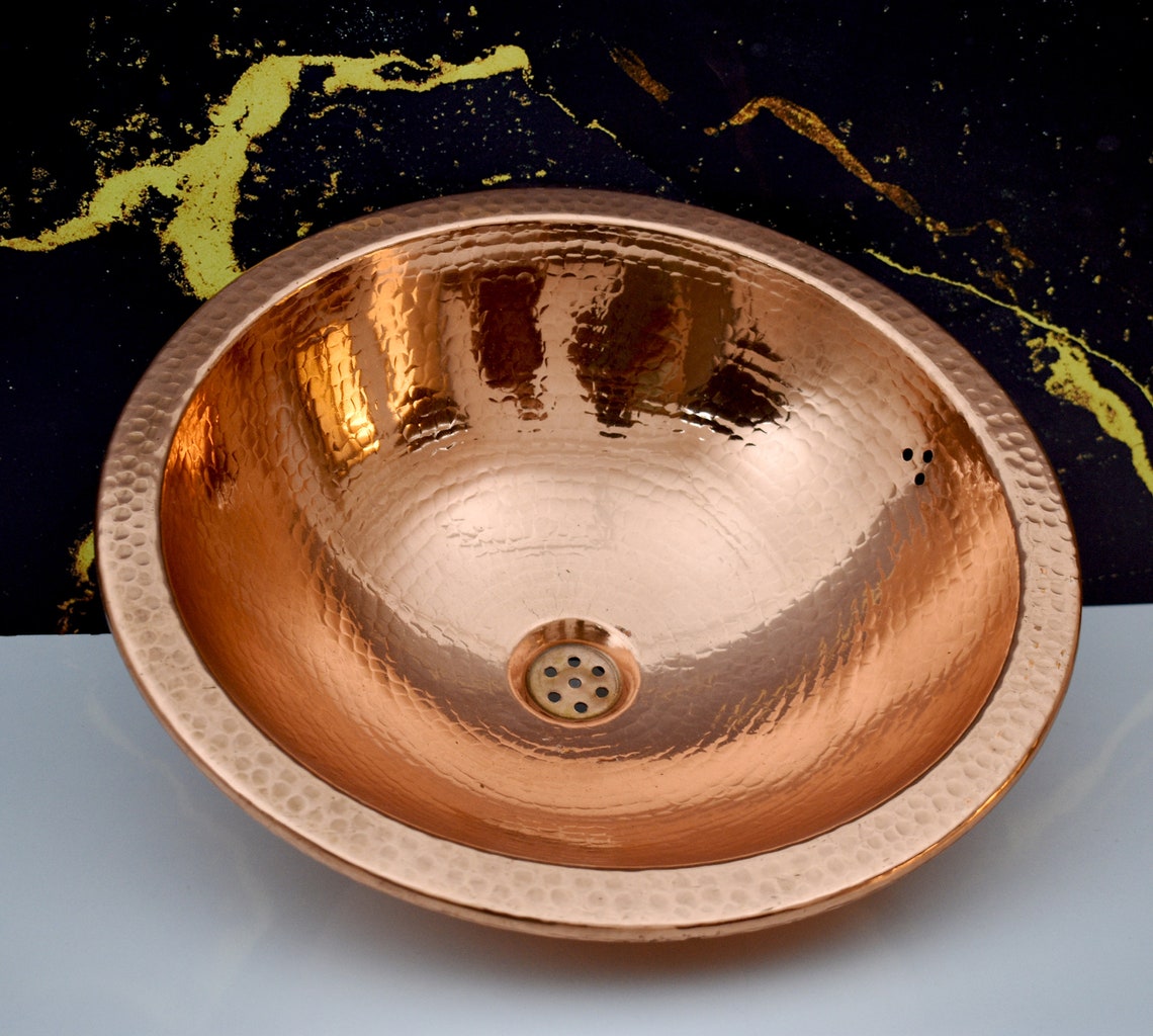 Antique Copper Bowl Dropped in Sink Hammered Bathroom Vanity Basin ...