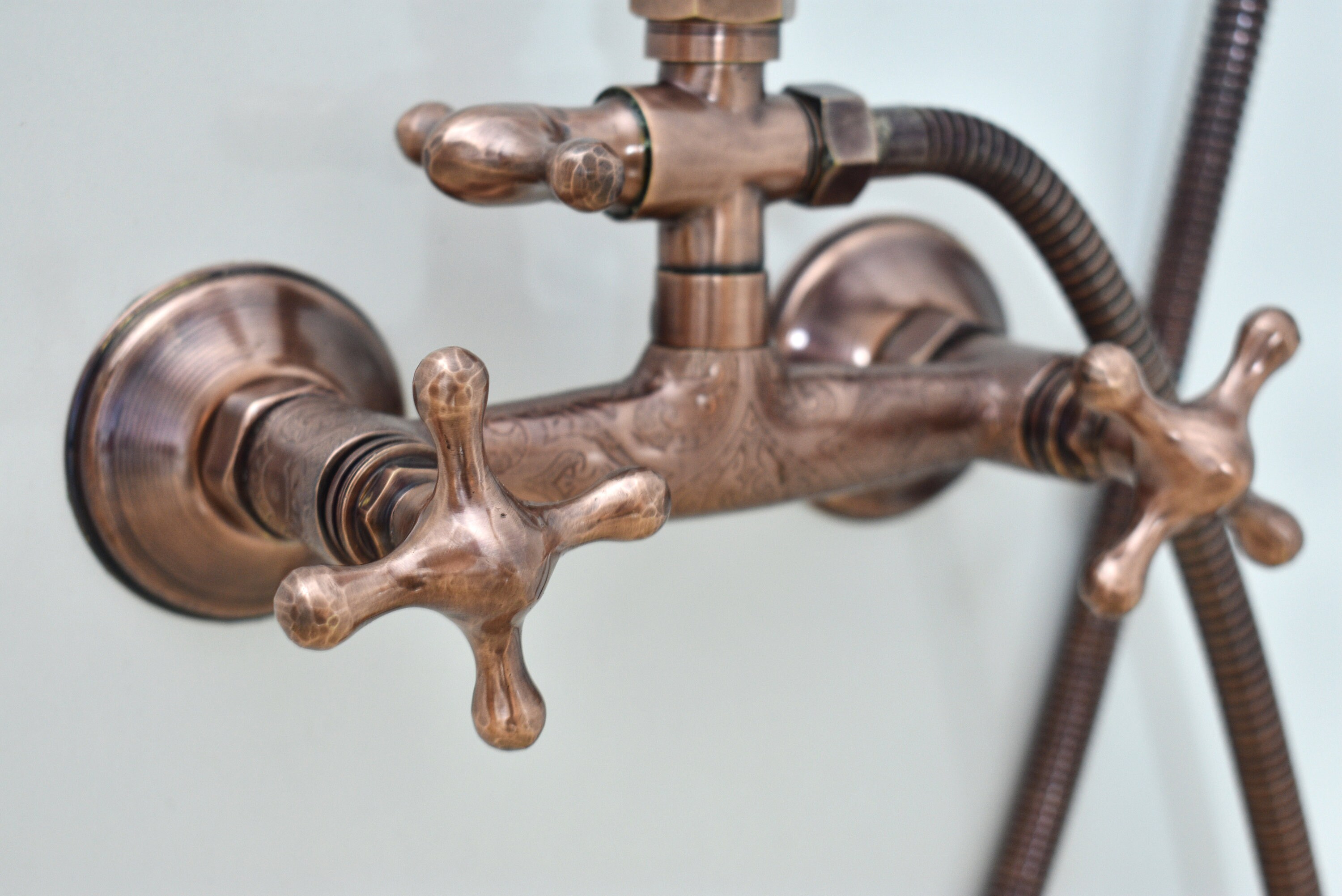 Exposed Copper Shower System, Round Copper Shower Head, Combo Handheld ...