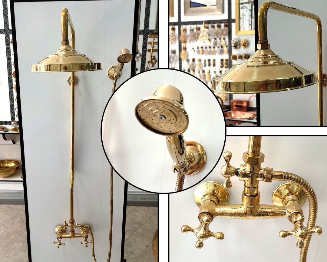 Unlacquered Brass Rain Shower System With Handheld Shower Faucet, Handheld Shower and Shower ...
