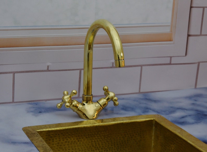 Unlacquered Brass Gooseneck Sink Faucet, Brass Handmade Swan Neck ...