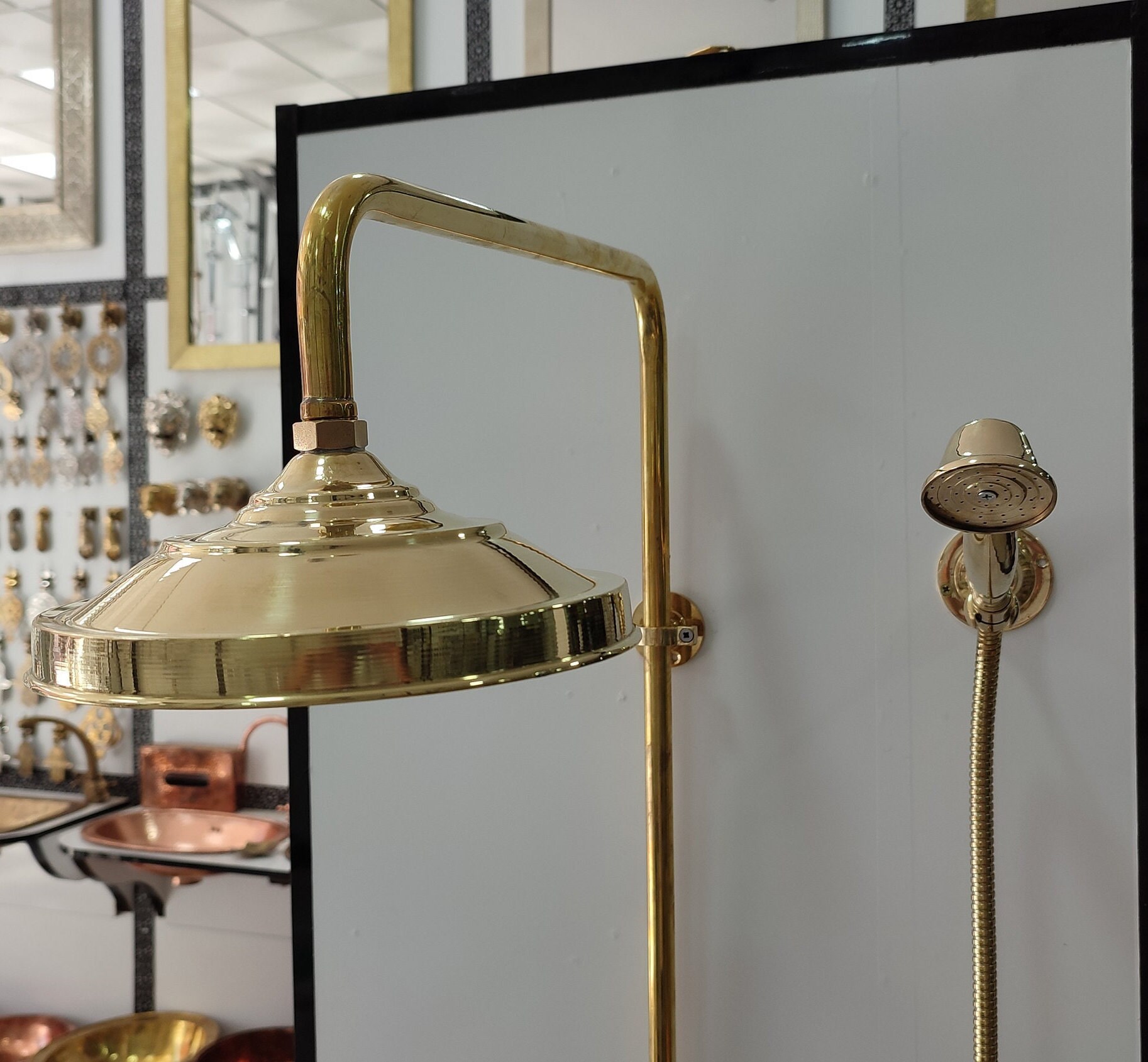 Unlacquered Brass Rain Shower System With Handheld Shower Faucet, Handheld Shower and Shower ...