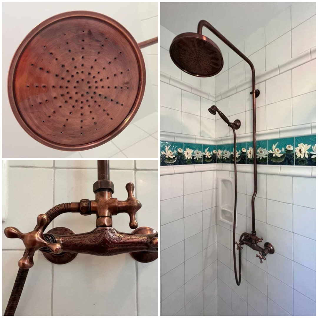 Dark Copper Shower System, Round Copper Shower Head, Combo Handheld ...