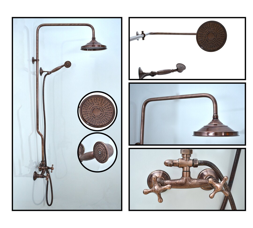 Exposed Copper Shower System, Round Copper Shower Head, Combo Handheld ...