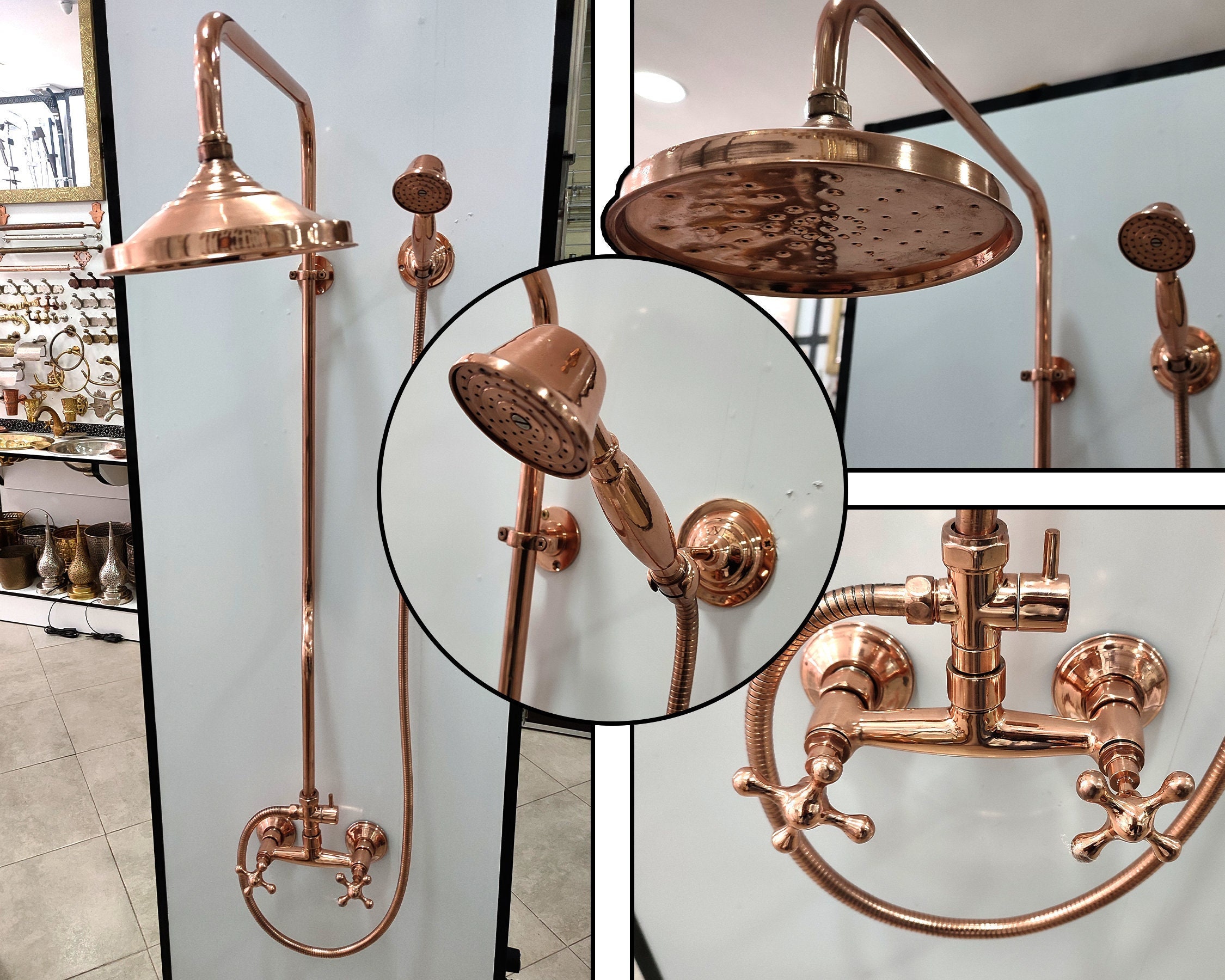 Copper Head Shower Exposed Pipe Faucet, Red Copper Rain Shower System ...