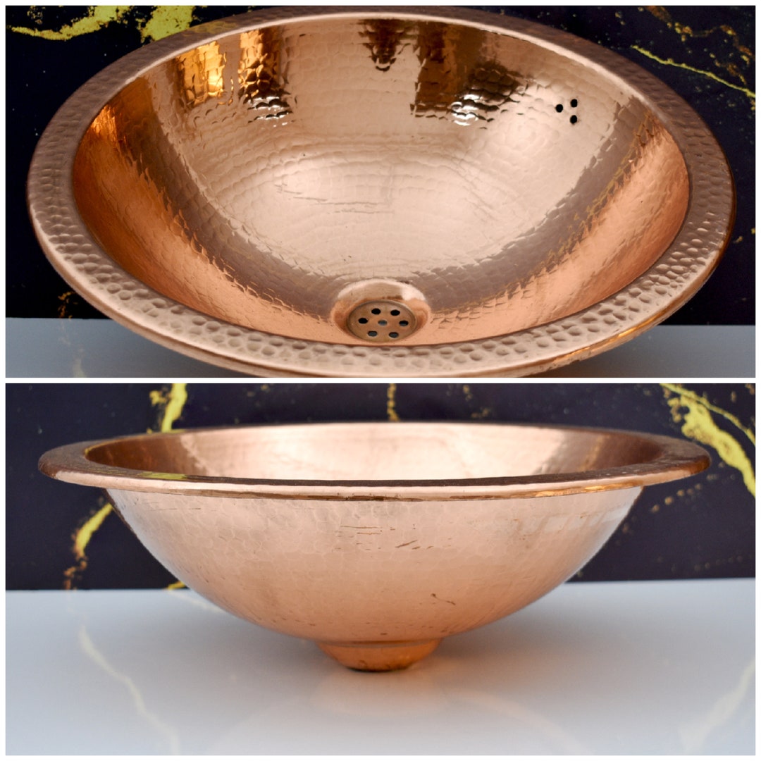 Antique Copper Bowl Dropped in Sink Hammered Bathroom Vanity Basin ...