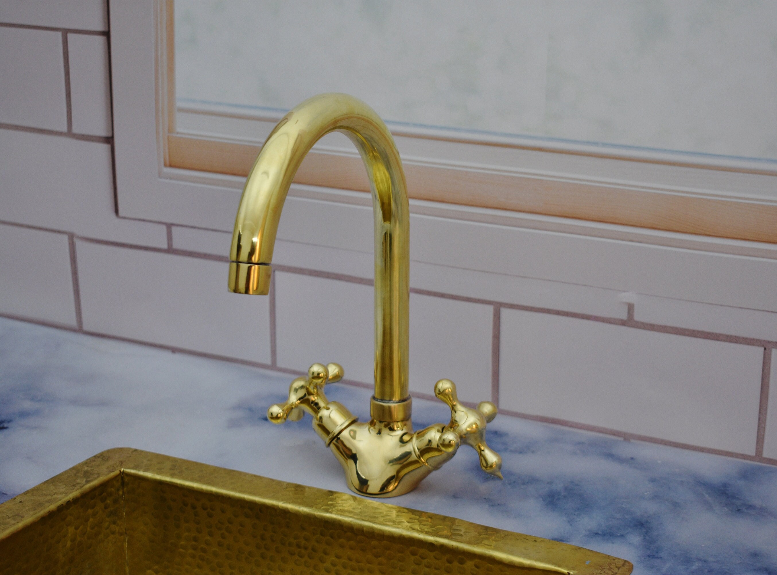 Unlacquered Brass Gooseneck Sink Faucet, Brass Handmade Swan Neck ...