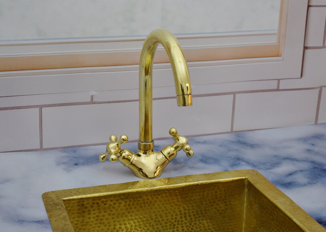 Unlacquered Brass Gooseneck Sink Faucet, Brass Handmade Swan Neck ...