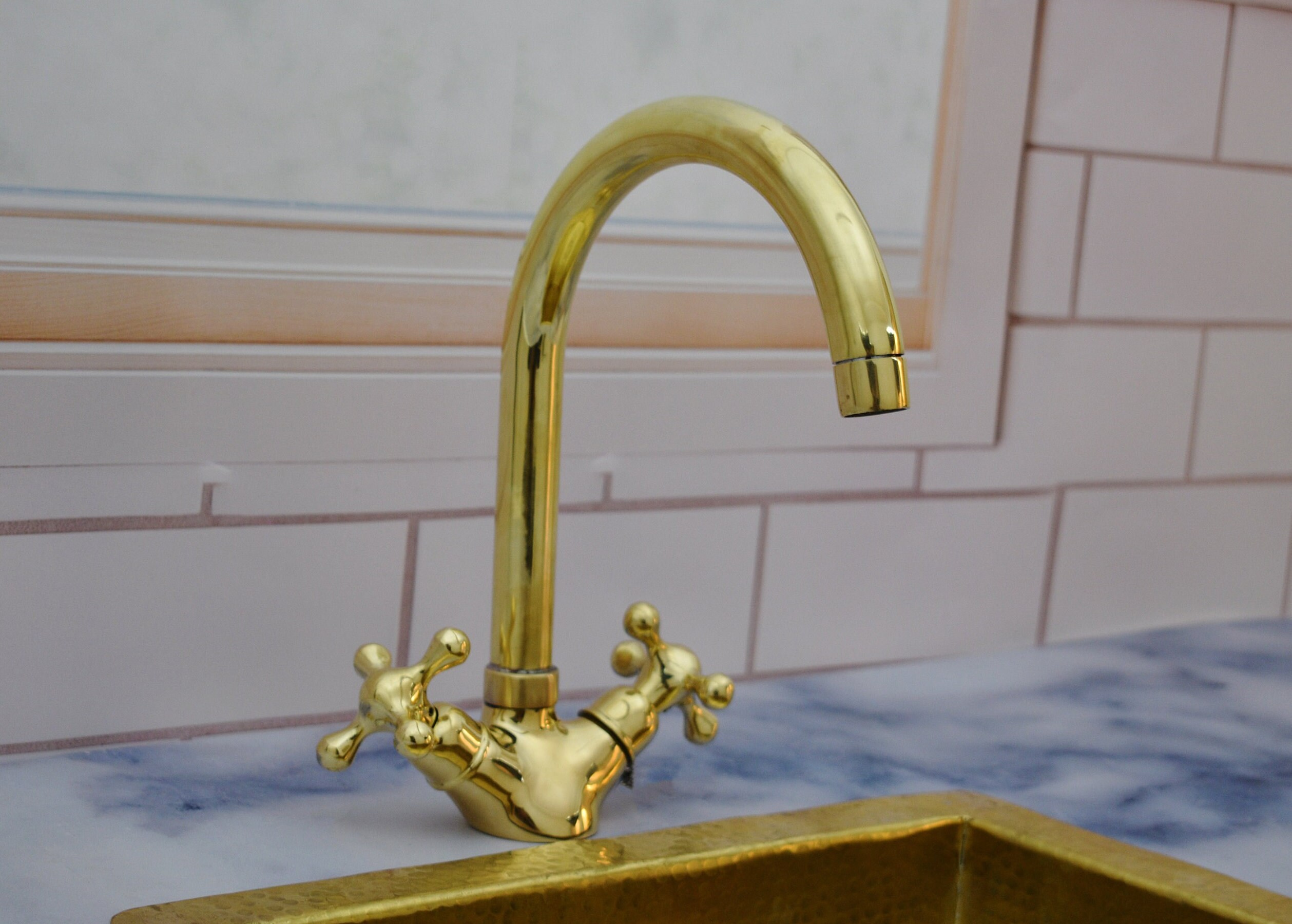 Unlacquered Brass Gooseneck Sink Faucet, Brass Handmade Swan Neck ...
